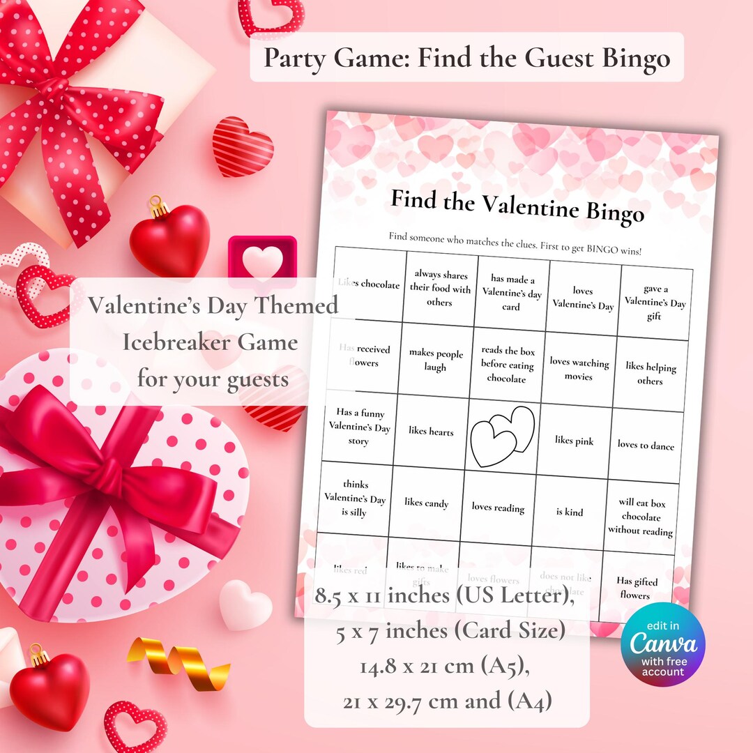 Valentine Party Bingo | Find the Guest Game | Icebreaker Activity ...