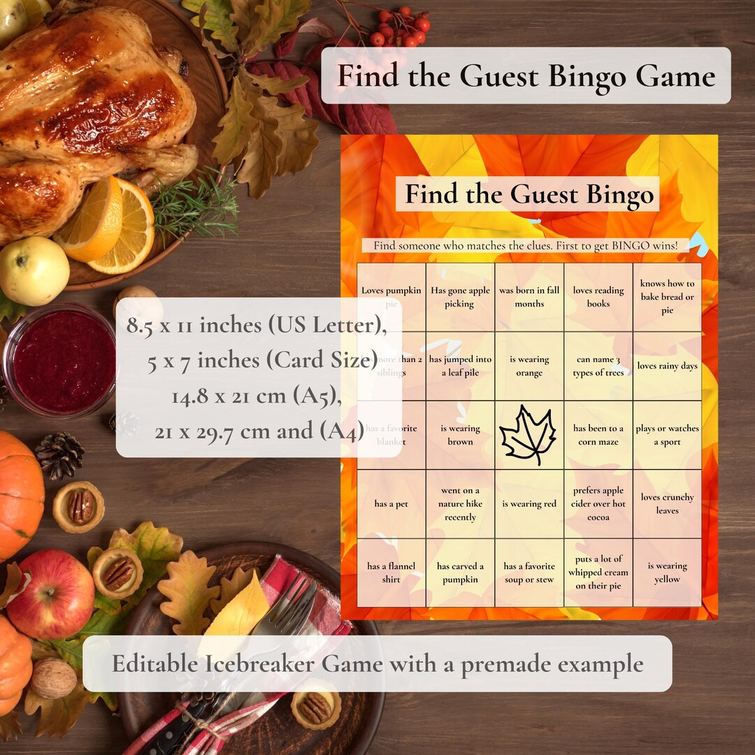 Thanksgiving Party Bingo | Find the Guest Game | Autumn Leaves ...
