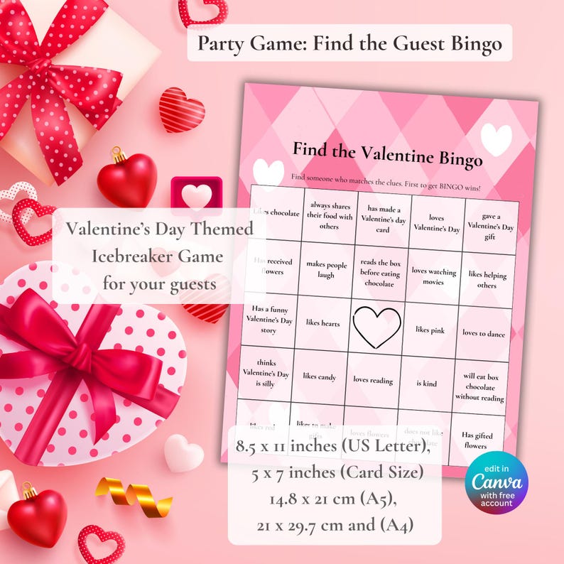 Valentine Party Bingo | Find the Guest Game | Icebreaker Activity ...