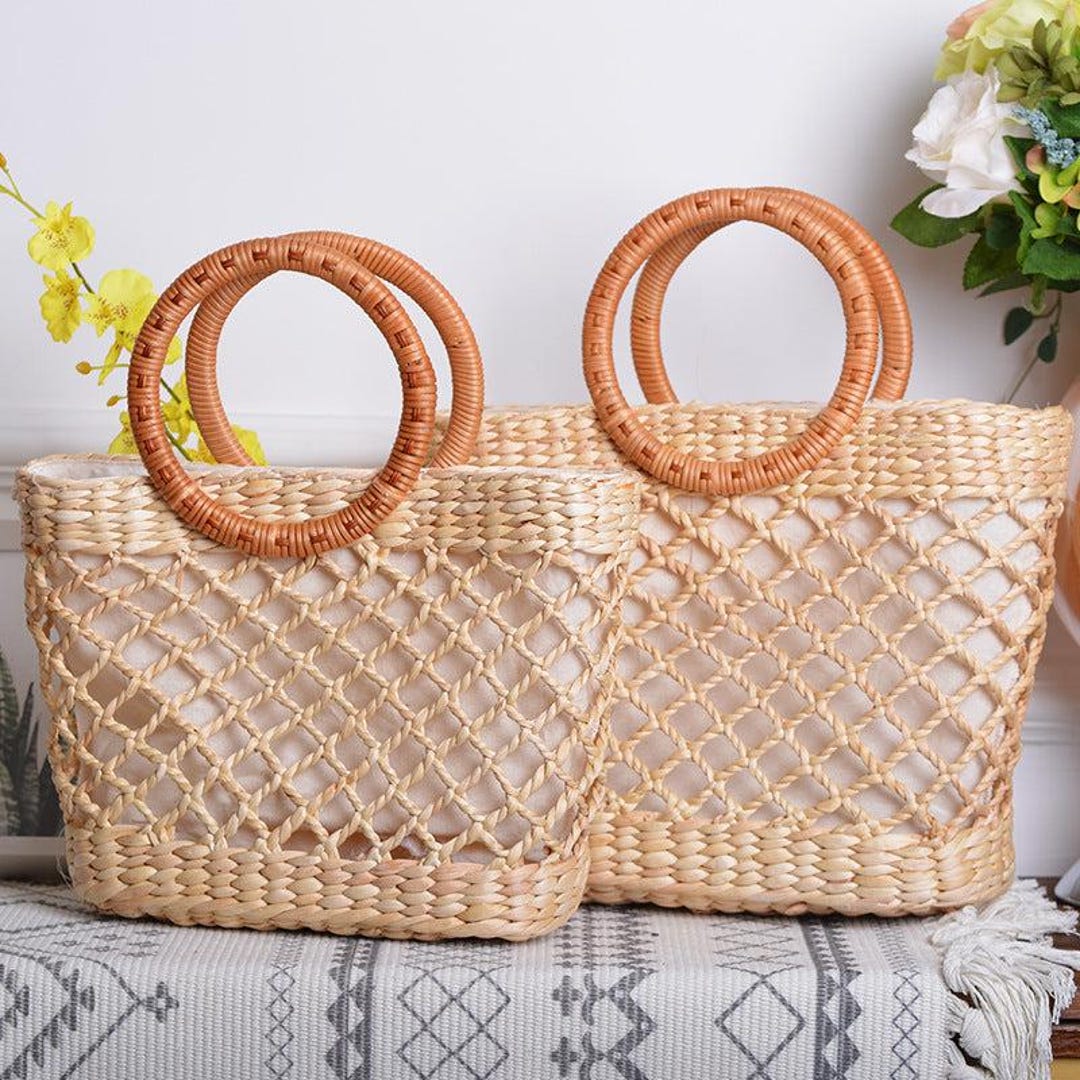 Handmade Rattan Straw Net Woven Square Bag Summer Natural Woven Purse ...