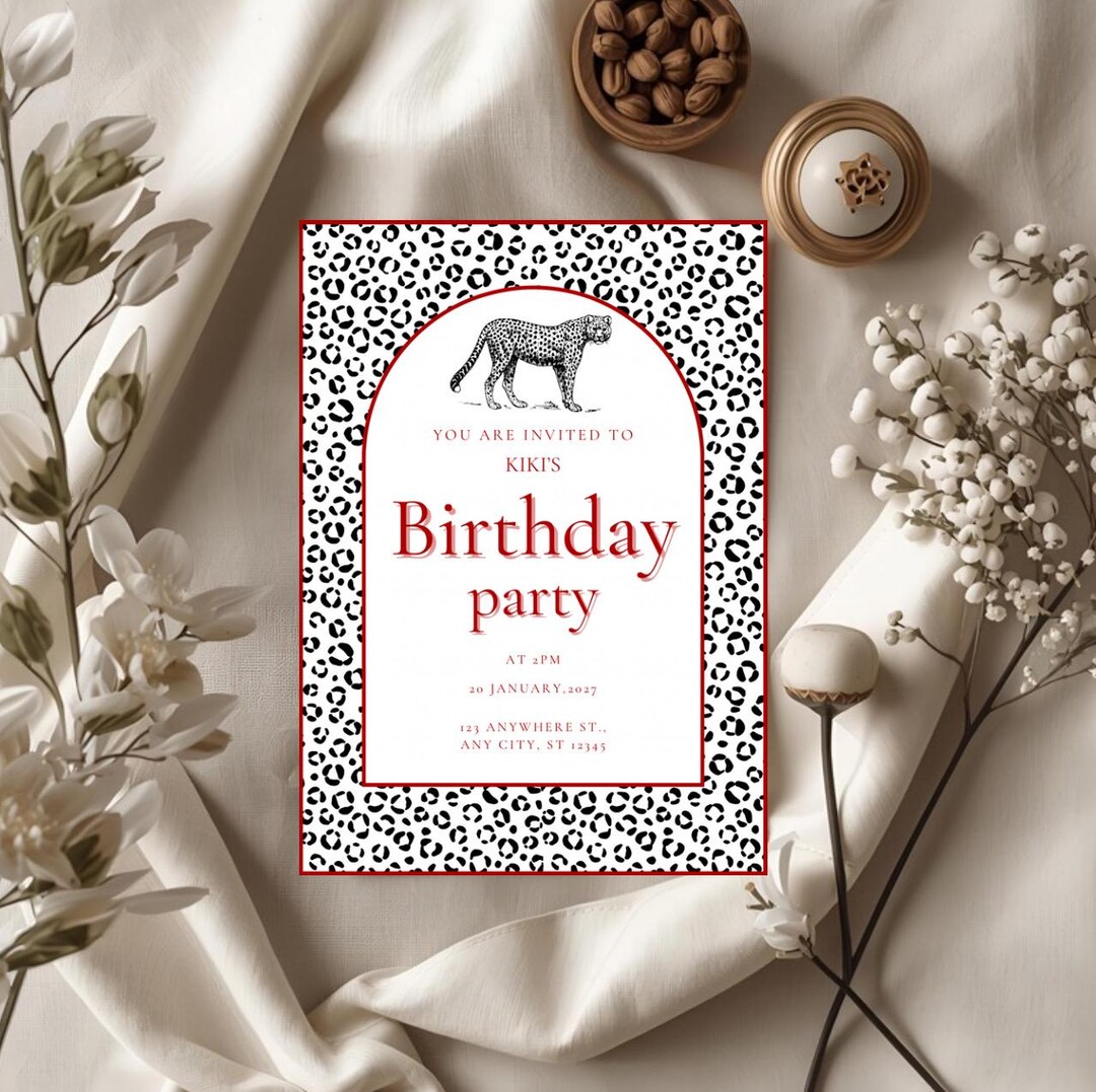 Cheetah Print Invitation Birthday Invitation Black White Red Party ...