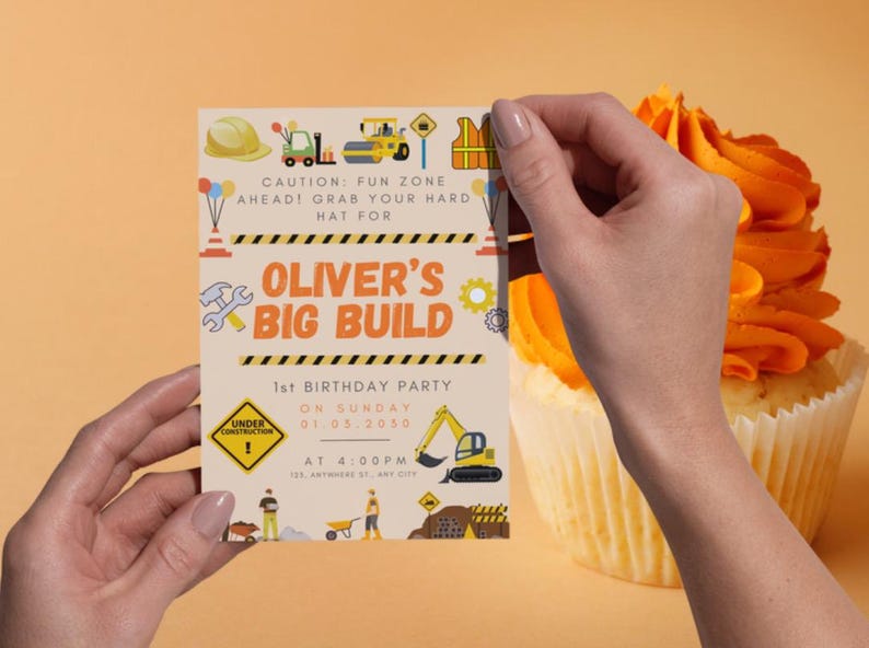 Editable Caution Fun Zone Construction Birthday Invitation | Dump Truck ...