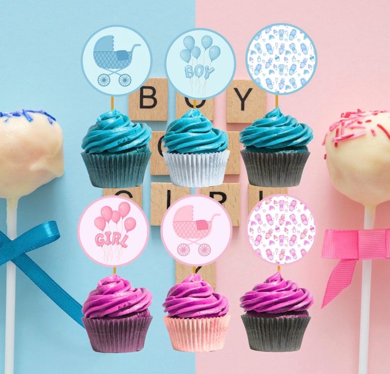 Cupcake Gender Reveal Toppers Printable Instant Download - Etsy