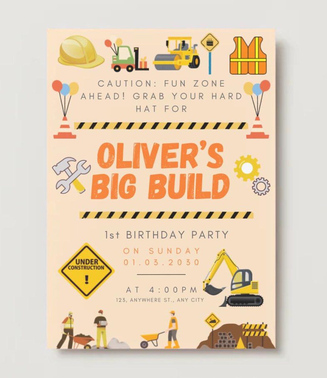 Editable Caution Fun Zone Construction Birthday Invitation | Dump Truck ...
