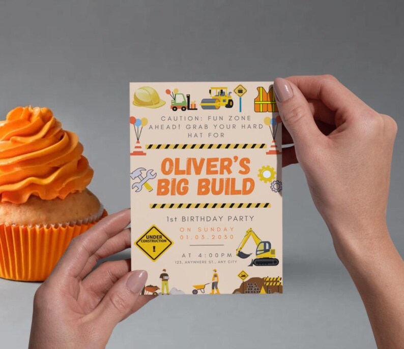 Editable Caution Fun Zone Construction Birthday Invitation | Dump Truck ...