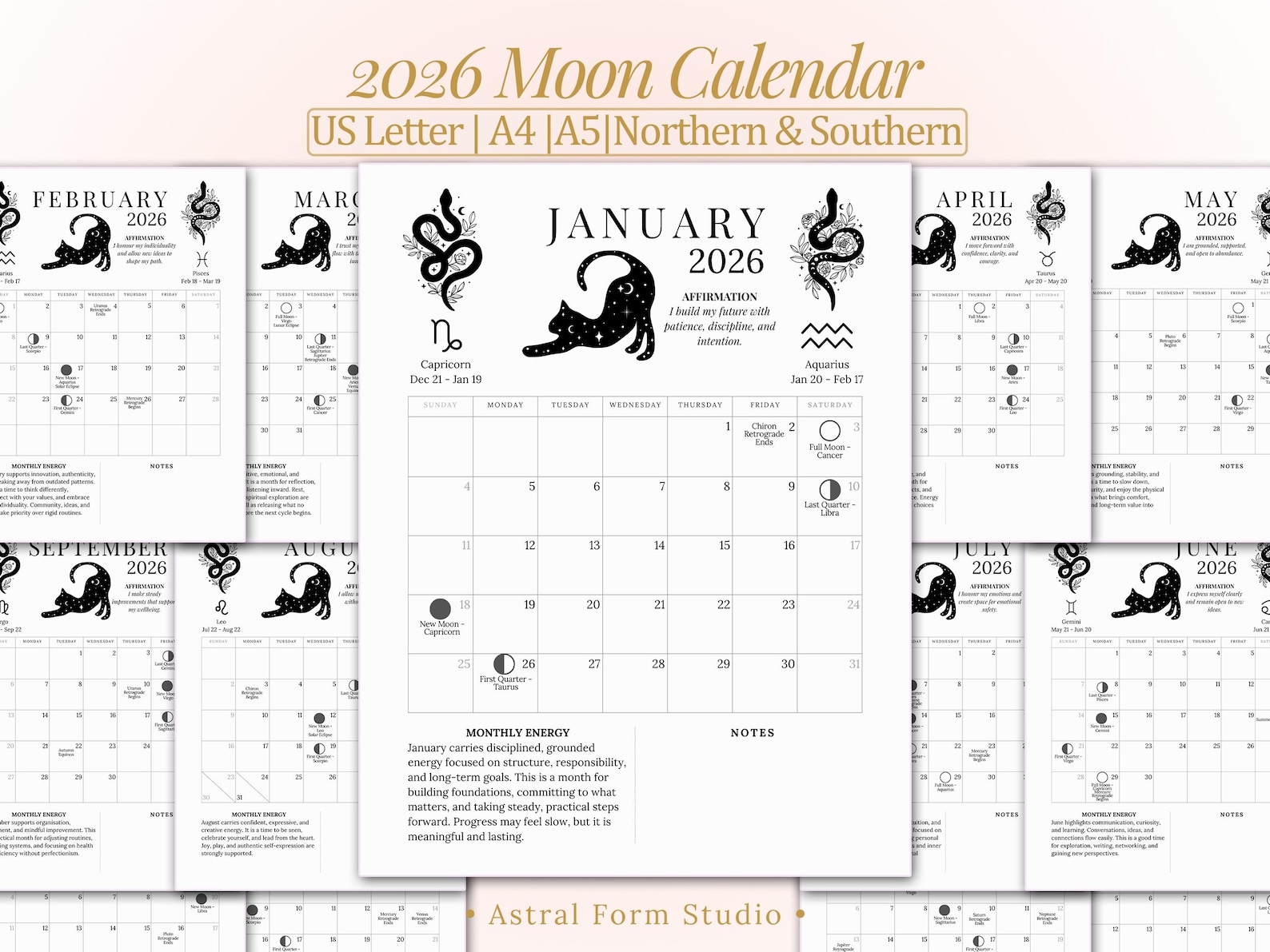 2026 Moon Calendar | Lunar and Astrological Planner Pages, Northern ...