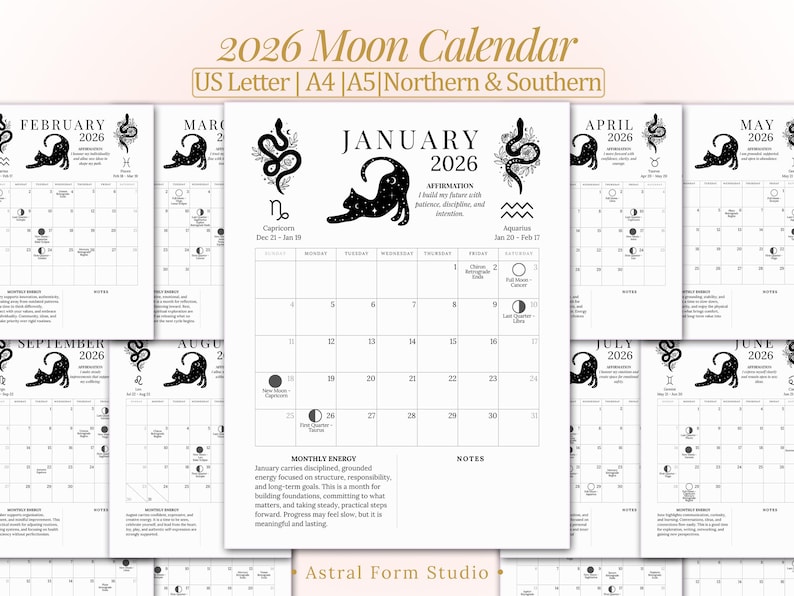 2026 Moon Calendar | Lunar and Astrological Planner Pages, Northern ...