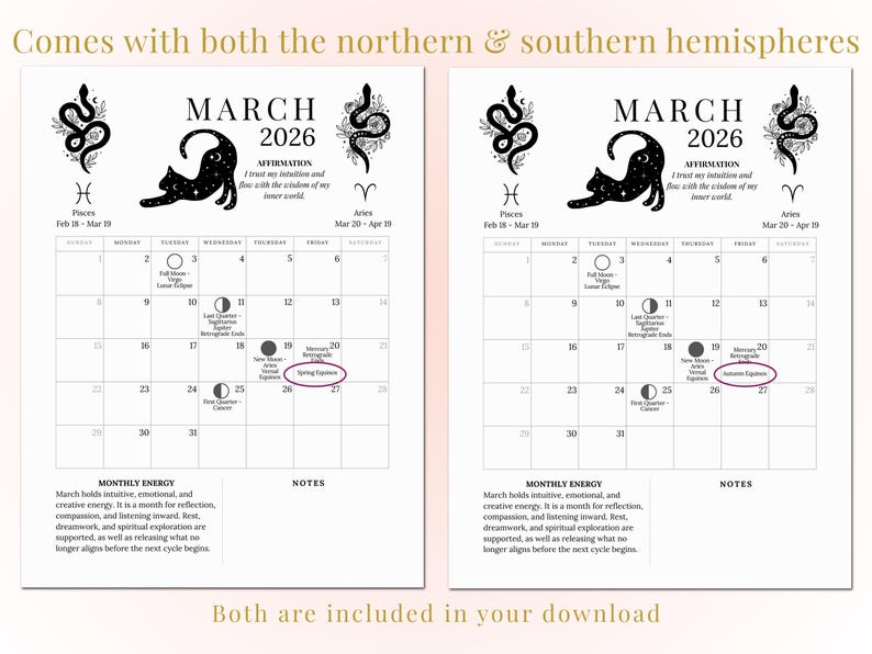 2026 Moon Calendar | Lunar and Astrological Planner Pages, Northern ...