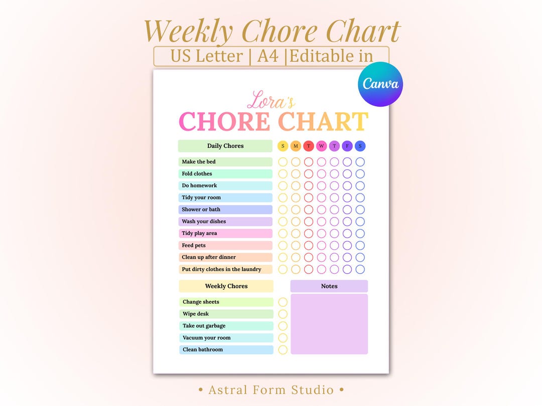Editable Weekly Chore Chart | Kids, Teens, Tweens, Pre-teens, Daily ...