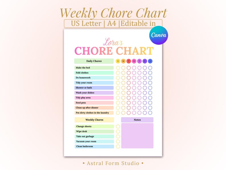 Editable Weekly Chore Chart | Kids, Teens, Tweens, Pre-teens, Daily ...