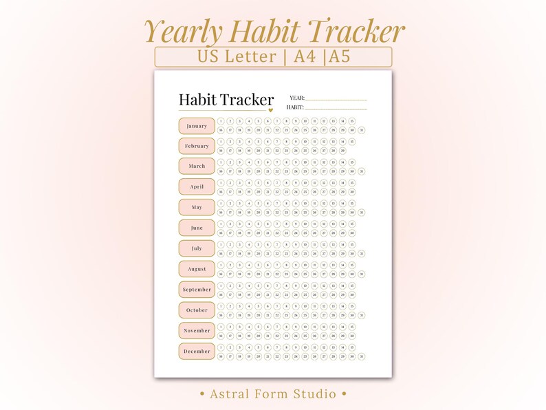 Yearly Habit Tracker | Printable Annual Goal Routine Tracking Monthly ...