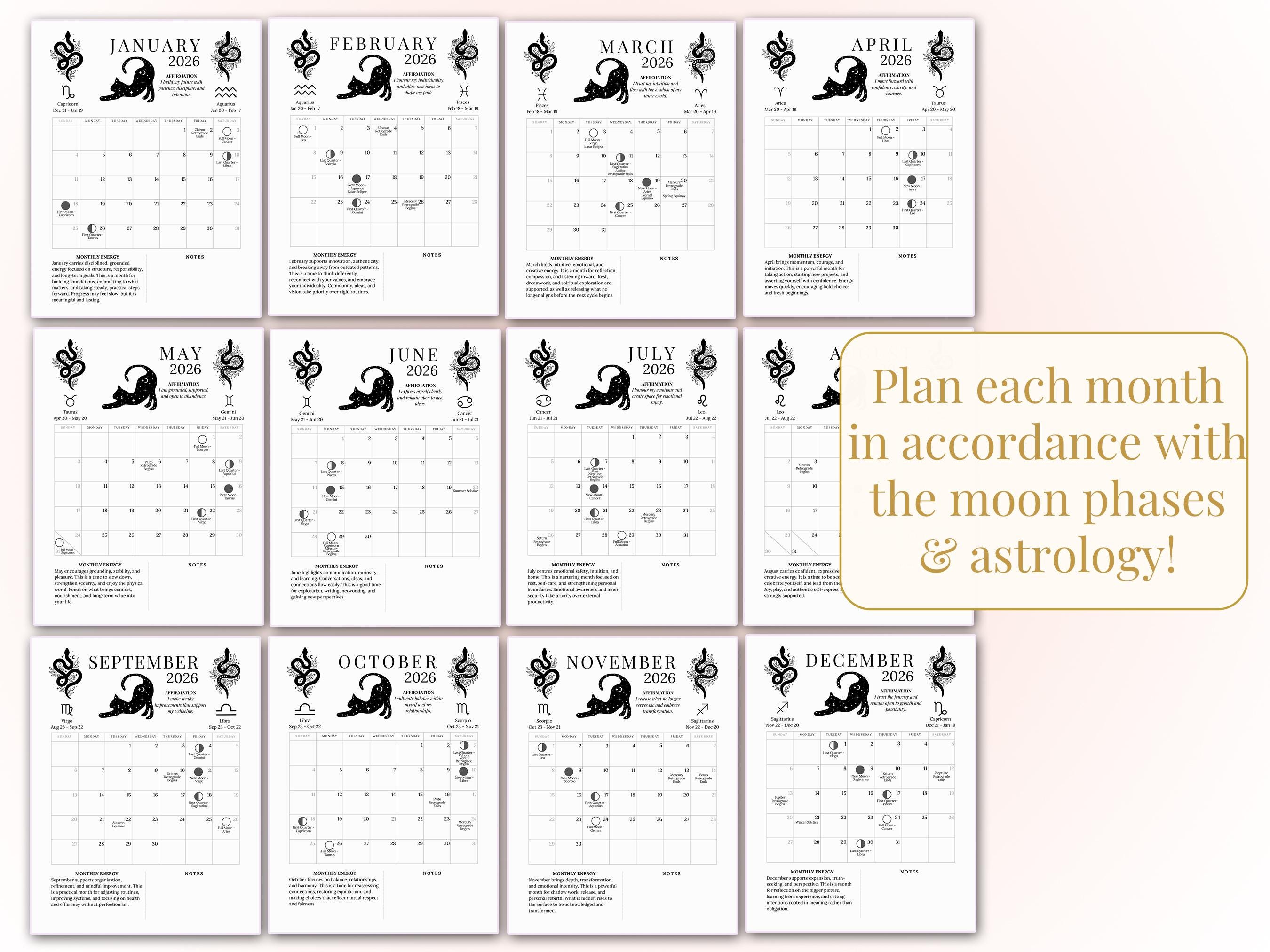 2026 Moon Calendar | Lunar and Astrological Planner Pages, Northern ...