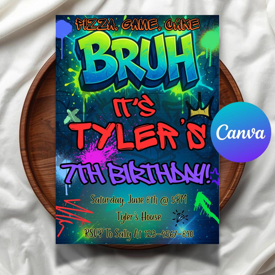 Graffiti Birthday Invitation, Neon Street Art, Editable Canva ...