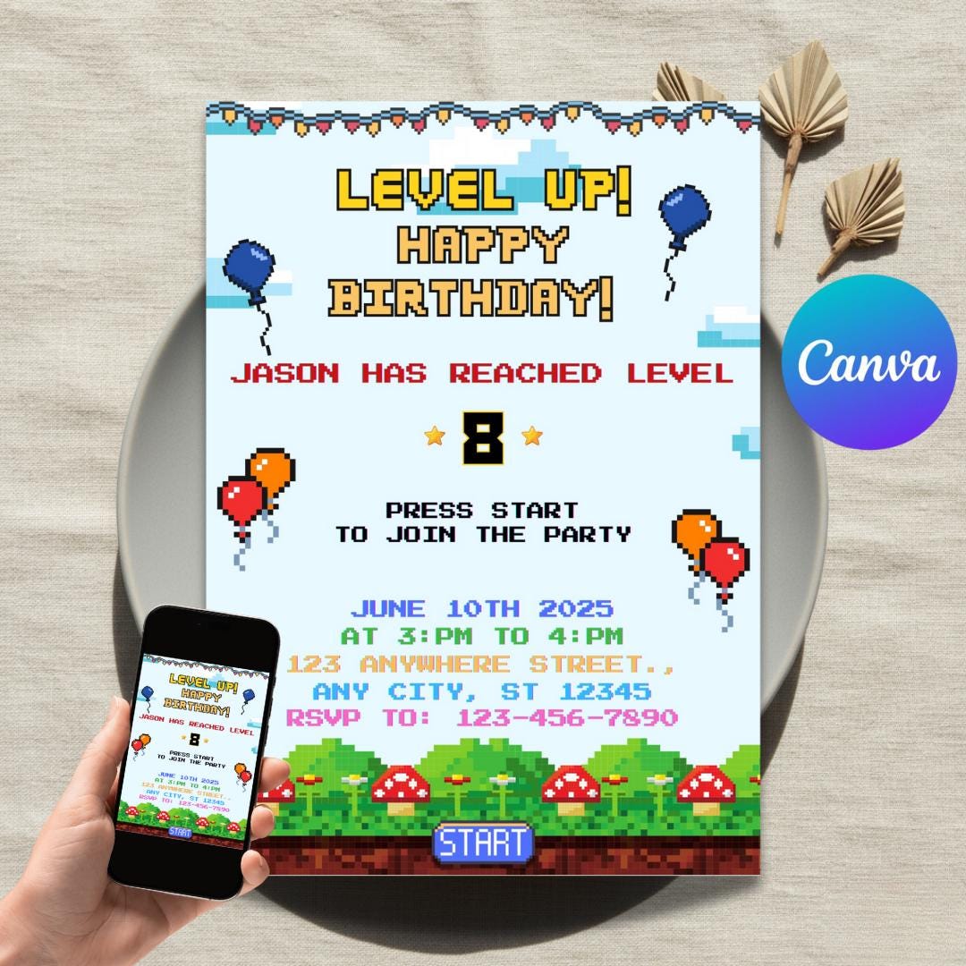 Kids Level up Birthday Invitation: Retro Gaming Party (digital Download ...