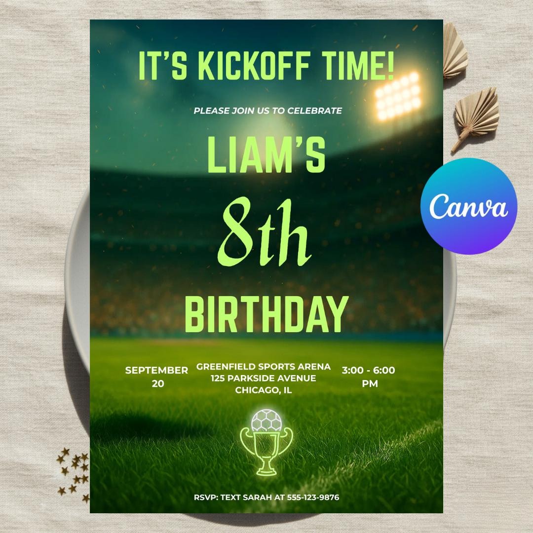 Soccer Birthday Invitation, Stadium Kickoff Party, Editable Canva ...