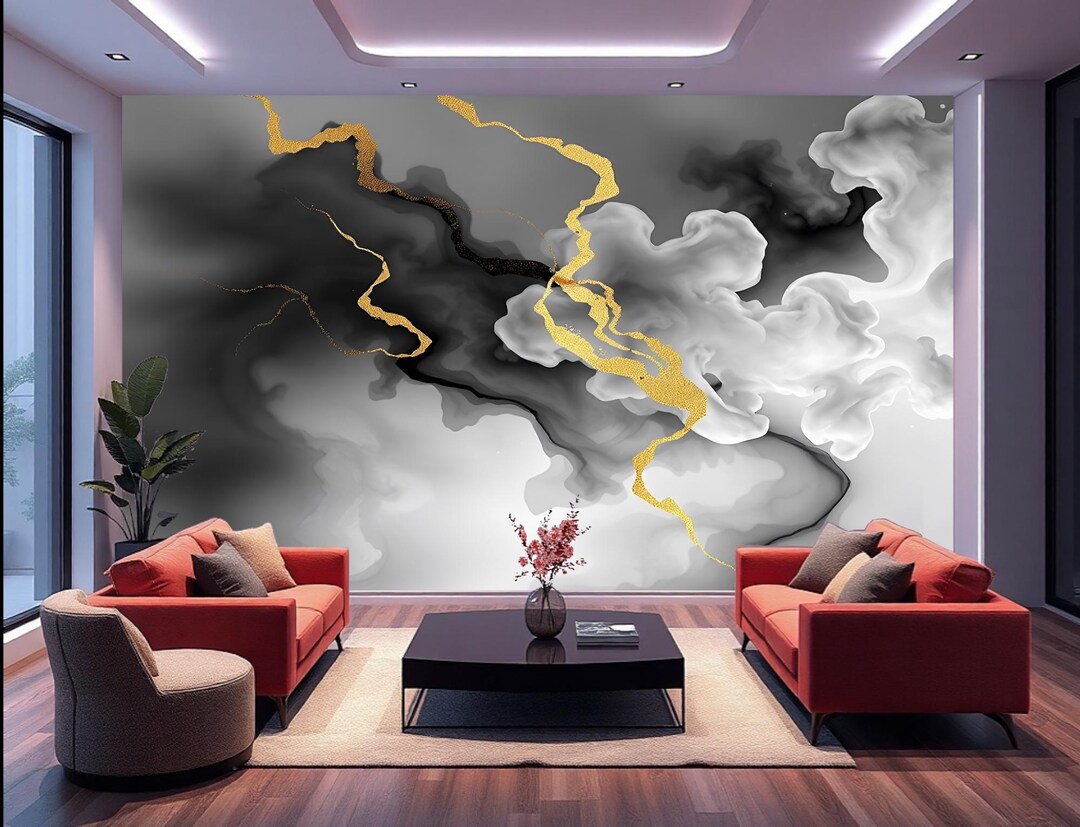 Gold Line Wall Mural, Black and White Smoke, Abstract Art Wallpaper - Etsy
