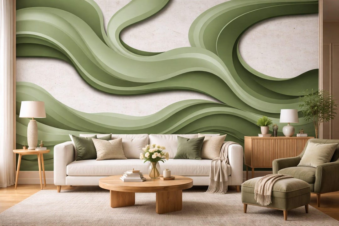 3D Sage Green Waves Wall Mural, Modern Abstract Wallpaper - Etsy