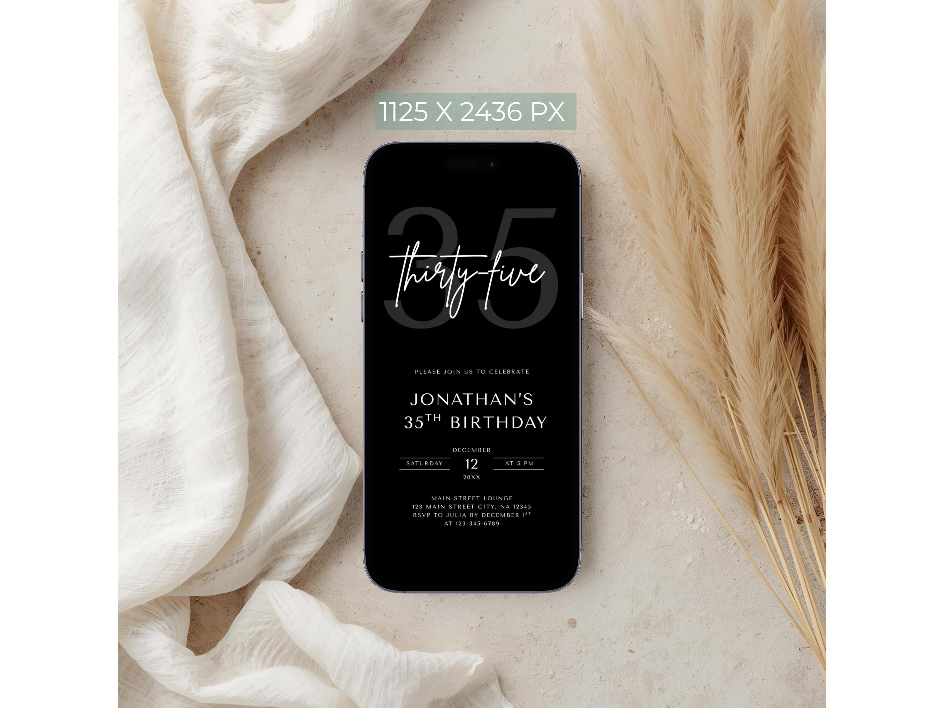 Editable Men’s 35th Birthday Invitation Template, Modern Minimal Evite ...