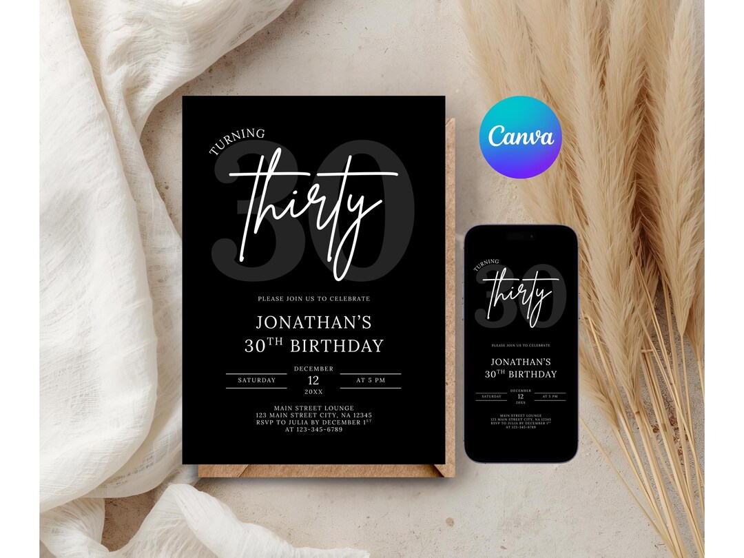 Editable Men’s 30th Birthday Invitation Template, Modern Minimal Evite ...