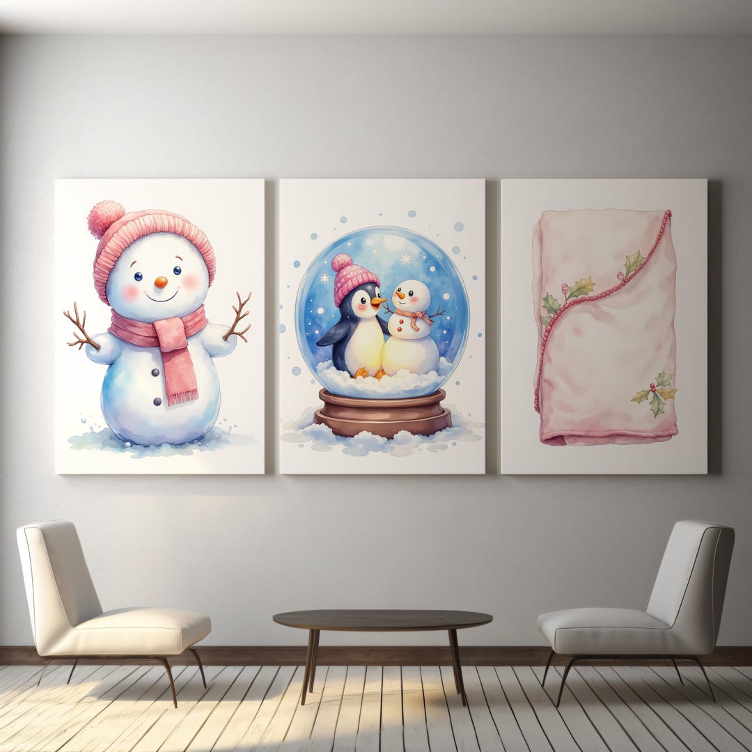 Printable Christmas Wall Art Set of 3, Snowman and Penguin Art, Festive ...