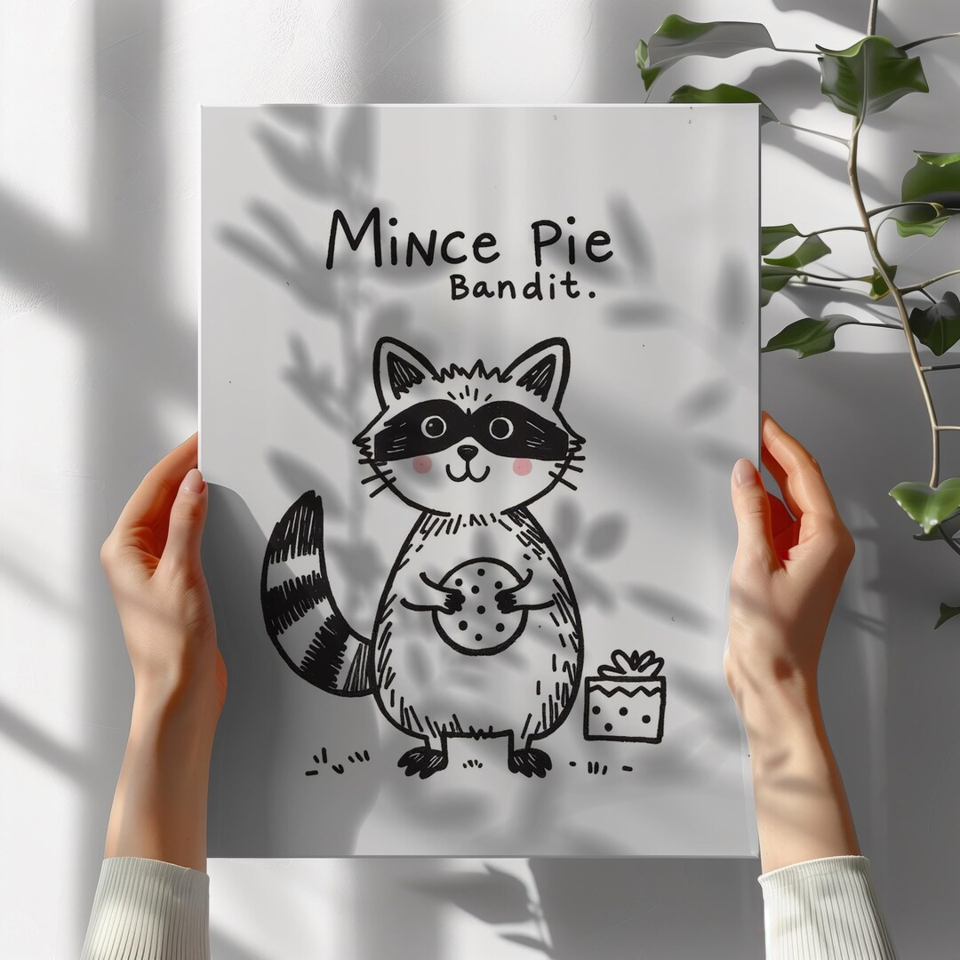 Printable Raccoon Mince Pie Bandit Art - Festive Ink Sketch, Chubby ...