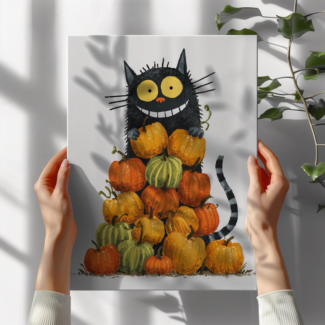 Halloween Cat With Pumpkins - Spooky Cheshire Cat Art, Playful Black ...