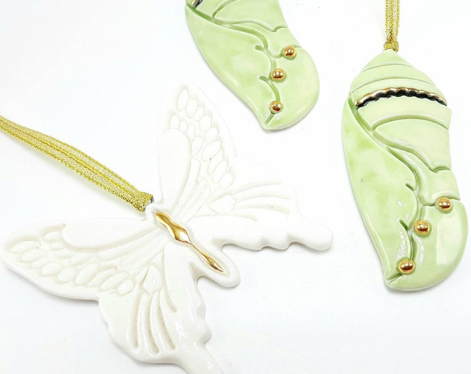 Ceramic Monarch Butterfly Chrysalis Ornament, Pottery White Gold ...