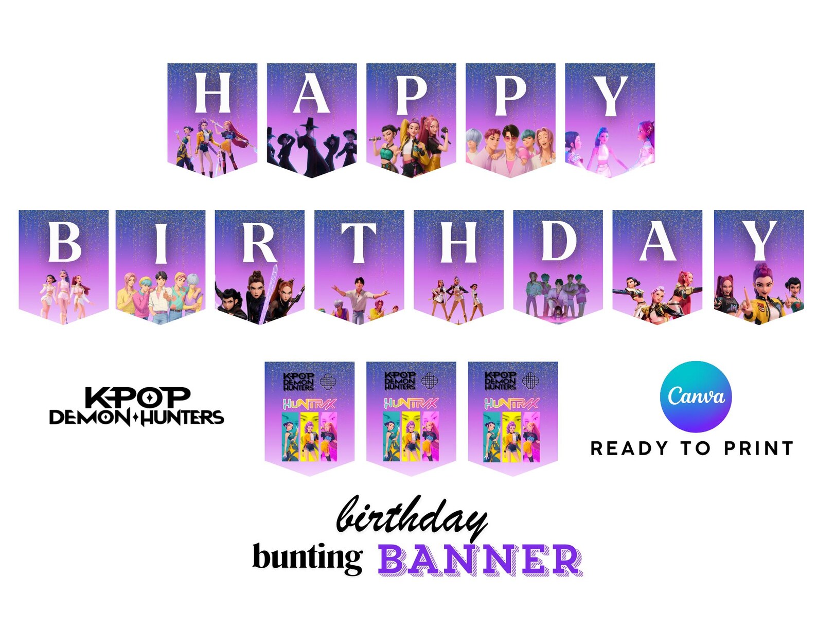K-pop Demon Hunter Bunting Banner, Editable and Printable Canva Party ...