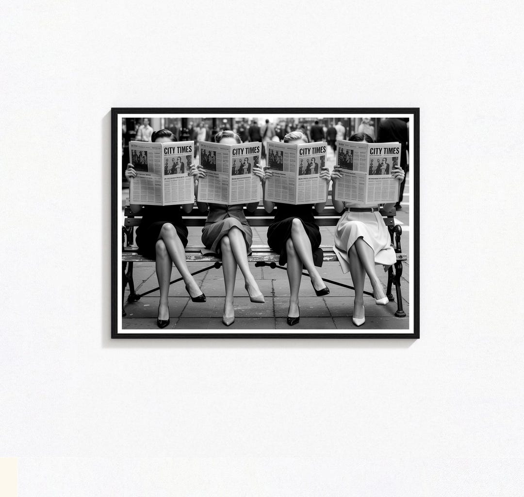 Retro Chic Women Reading Newspaper Print, Black and White (digital ...