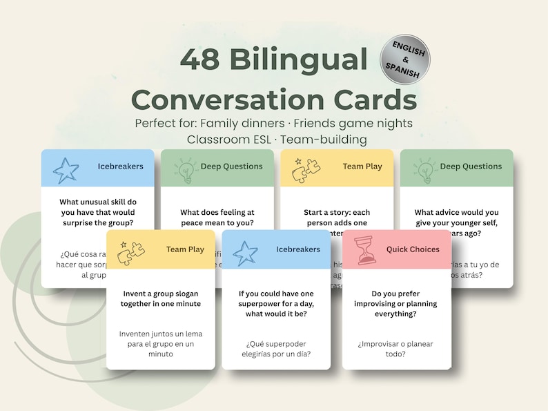Bilingual Conversation Cards | Spanish & English PDF | Icebreaker ...
