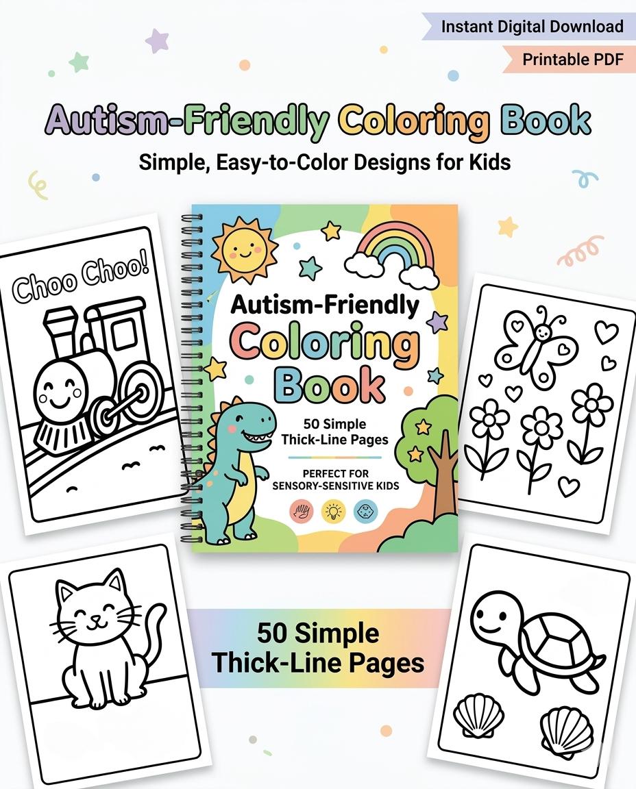 Autism Coloring Book, 50 Thick Line Pages, Sensory Activity (digital ...