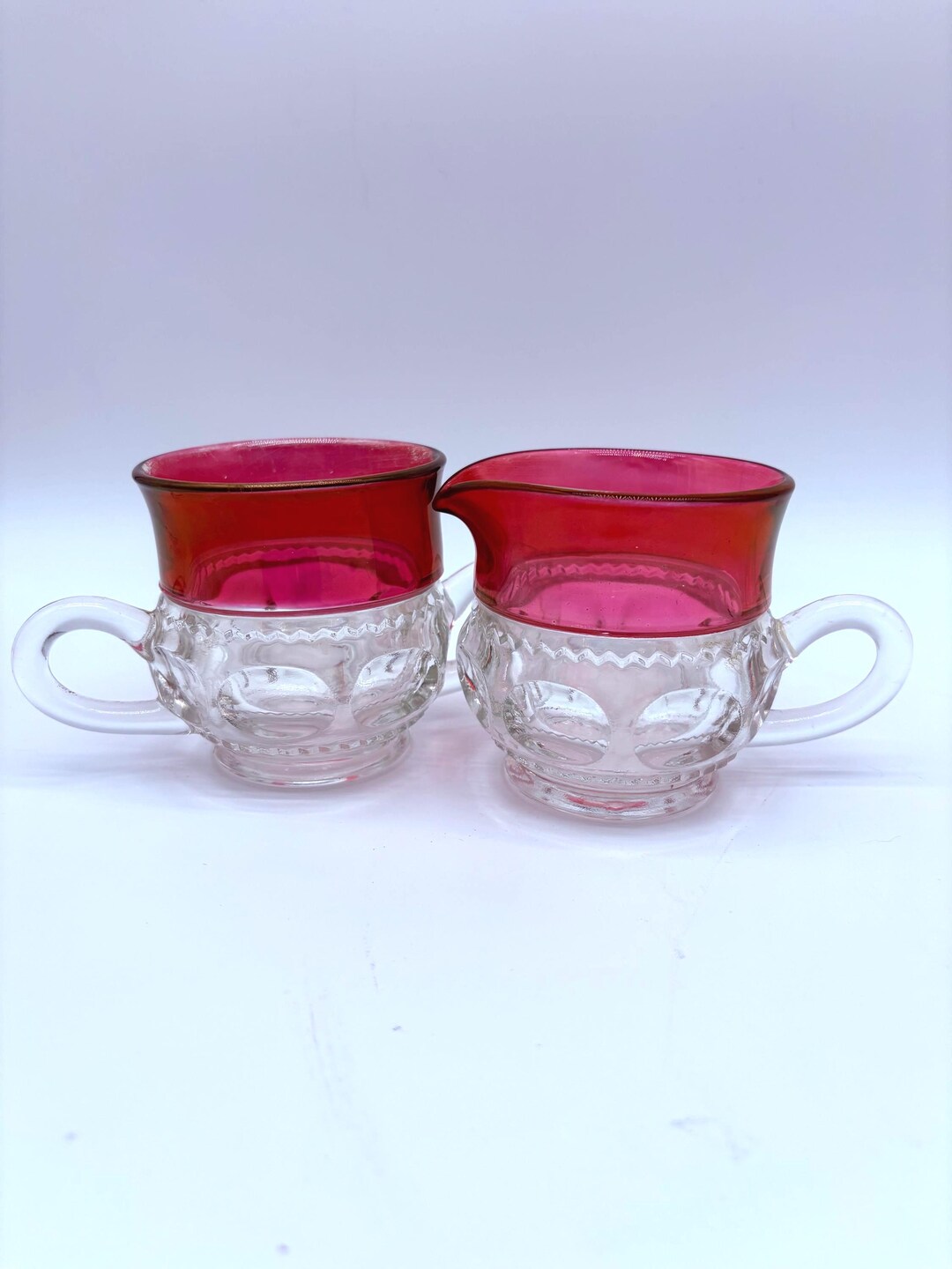 King's Crown Ruby Flash 3" Creamer & Open Sugar Bowl Set, "thumbprint ...