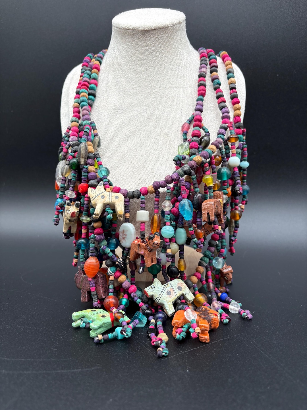Handmade Bohemian Style Folk Art Necklace With Lots of Carved Wooden ...