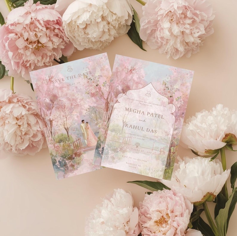 Cherry Blossom Hindu Wedding Invitation Pink Floral Garden Invite ...