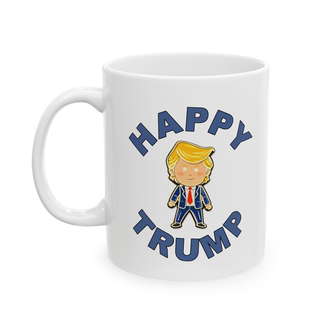 Happy Trump Cartoon Mug | Funny Tump Lapel Pin Mug | Funny Donald Trump ...