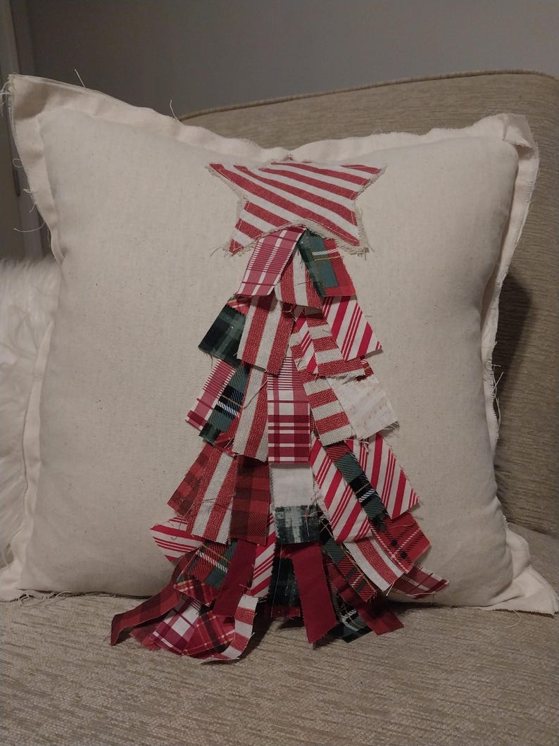 Handmade Patchwork Rag Christmas Tree Holiday Throw Pillow Home Decor ...