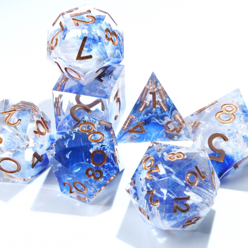 Blue Ocean Wave Resin Dice Set With Copper Numbers | 7-piece D6 ...