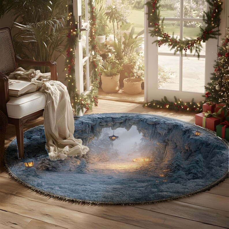 3D Winter Cave Illusion Rug, Snow Forest Round Carpet, Velvet Anti-slip ...