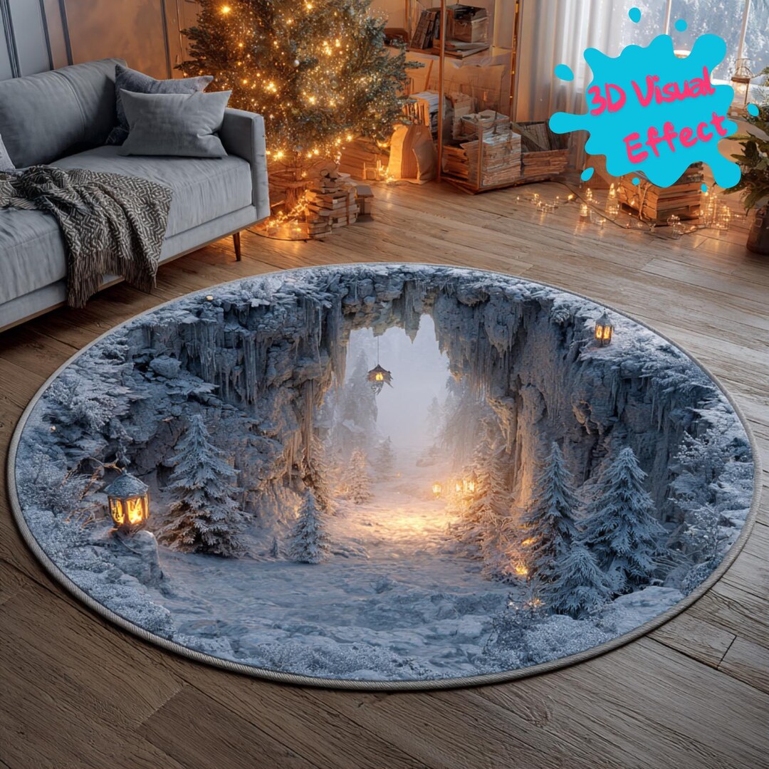 3D Winter Cave Illusion Rug, Snow Forest Round Carpet, Velvet Anti-slip ...