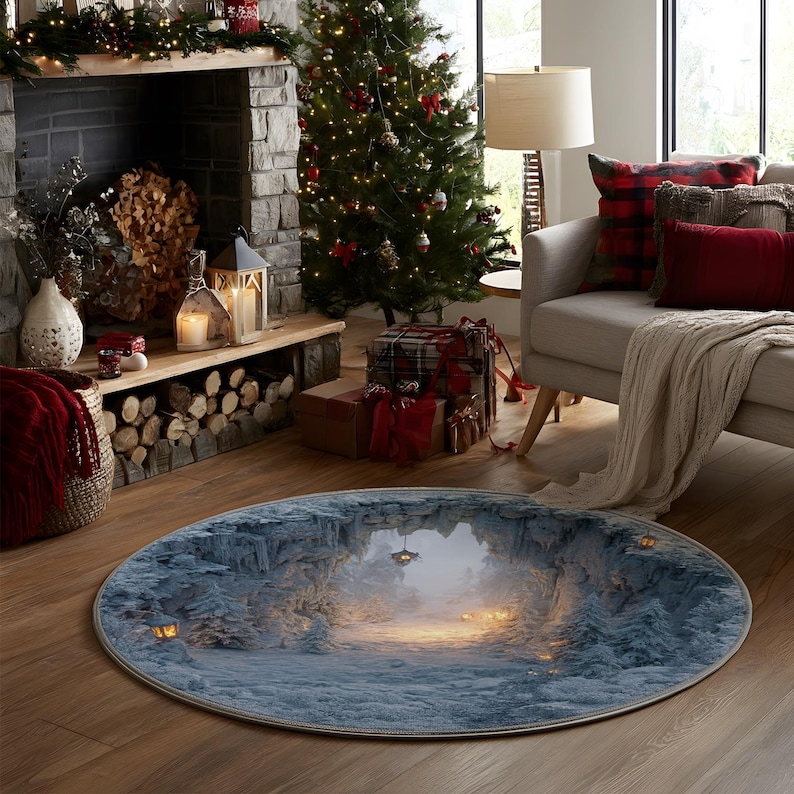 3D Winter Cave Illusion Rug, Snow Forest Round Carpet, Velvet Anti-slip ...