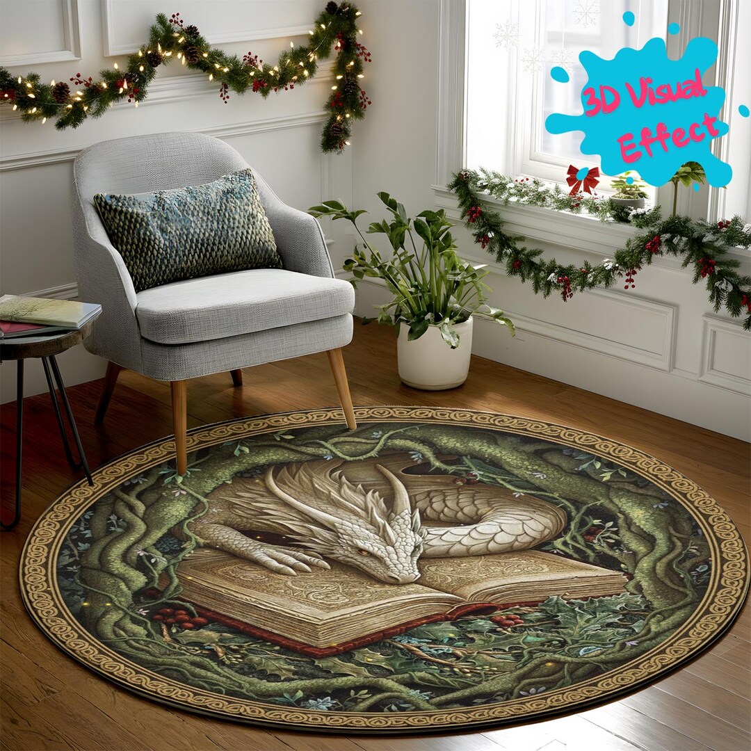 3D Dragon Fantasy Rug, Magic Book Illusion Round Carpet, Velvet Anti ...