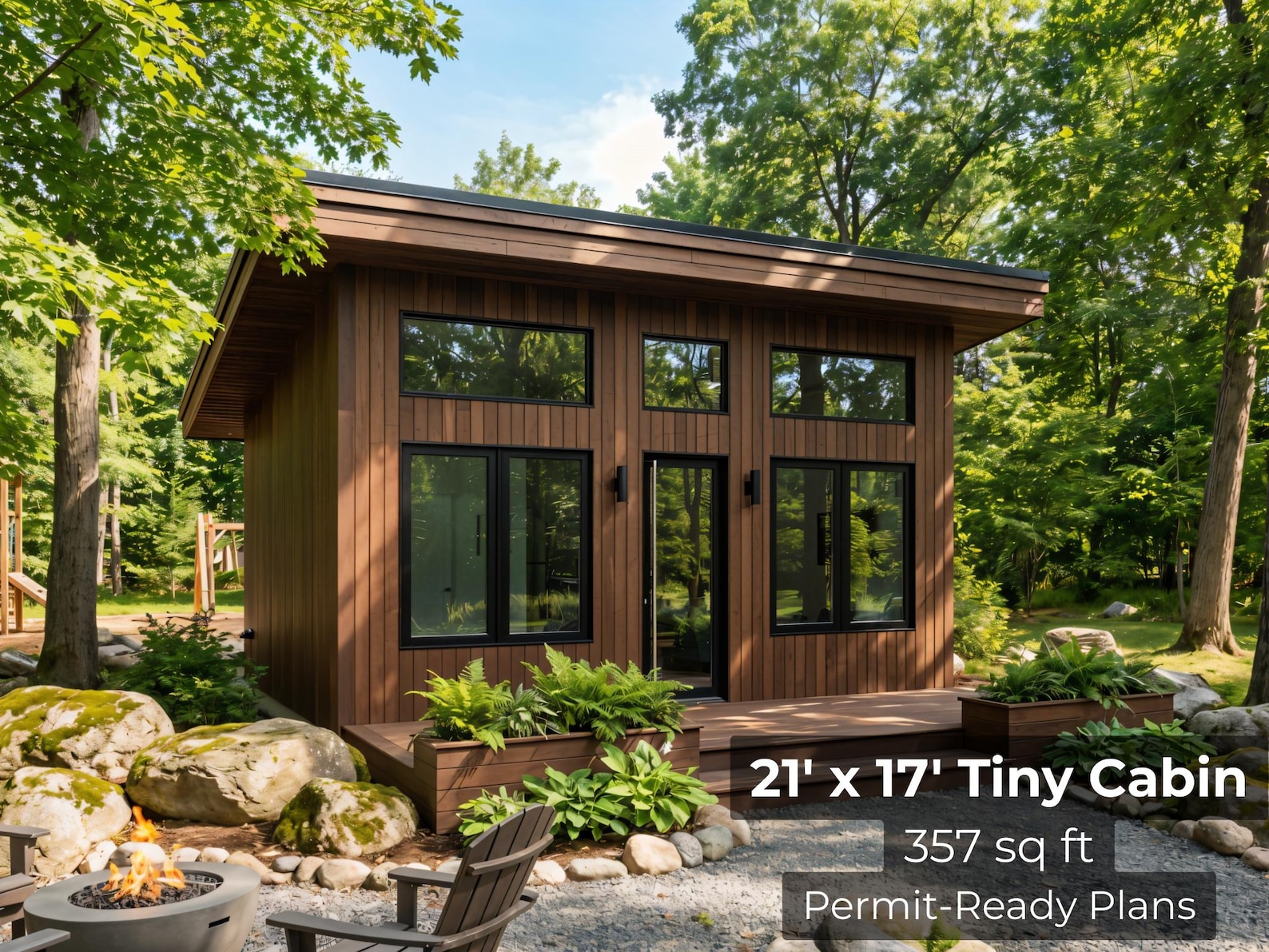 21x17 Tiny Cabin Plans (357 Sq Ft) | Permit-ready Modern Lean ADU Cabin ...