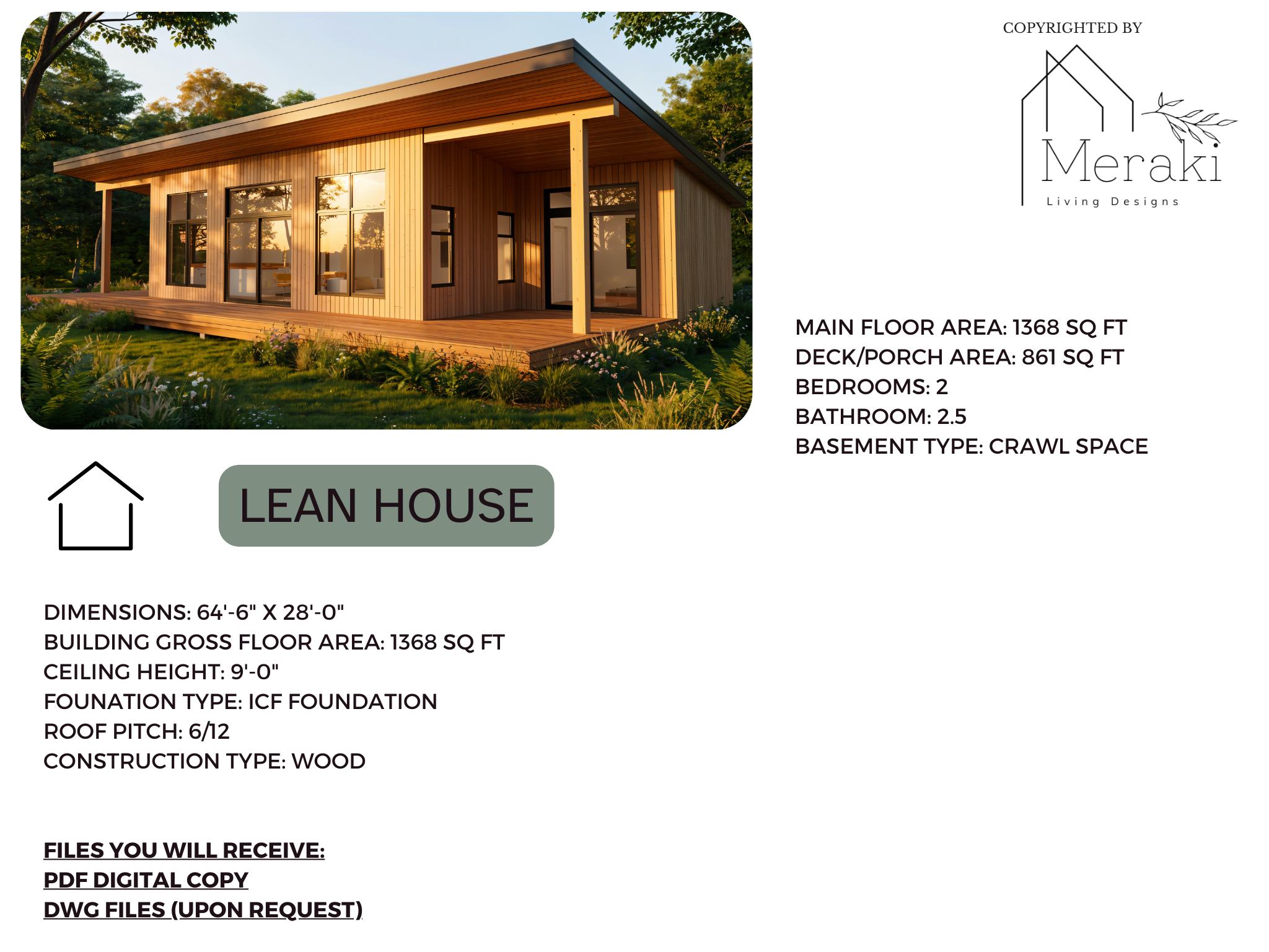 64' X 28' Lean Modern 2 Bedroom House Architectural Plans – 1368 Sq Ft ...