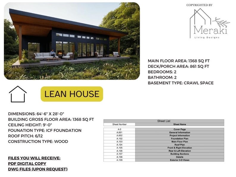 64' X 28' Modern Lean Cabin Architectural Plans - Custom 1368SF 3 ...