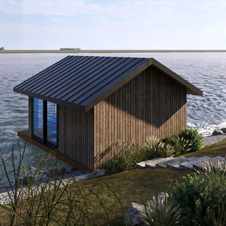18x15 Beach House Plans for Shoreline Build | Modern Waterfront Cabin ...