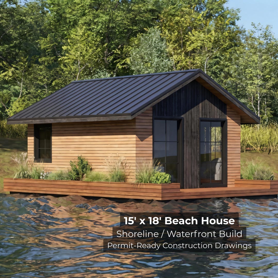 18x15 Beach House Plans for Shoreline Build | Modern Waterfront Cabin ...