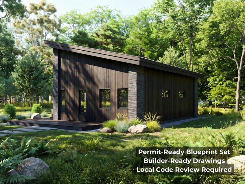 36x24 Lean Cottage Plans With Loft | 956 Sq Ft Modern Cabin Blueprint ...