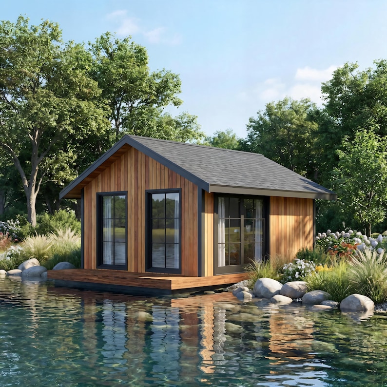 18x15 Beach House Plans for Shoreline Build | Modern Waterfront Cabin ...