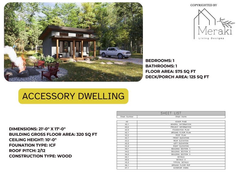 21' X 17' Lean Cottage Architectural Plans - Custom 320SF Tiny House ...