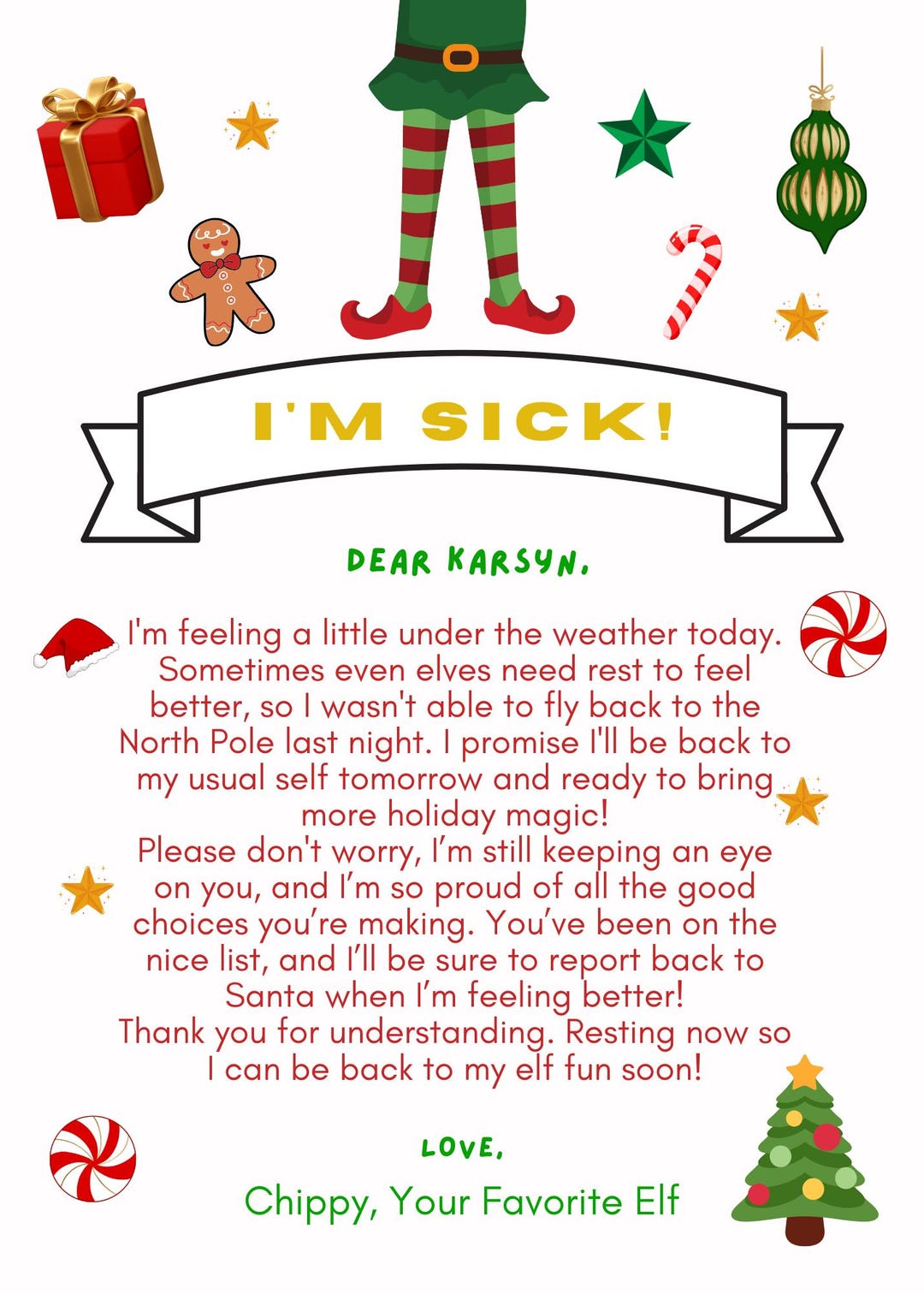 Printed Personalized Elf I'm Sick Letter/postcard for Elf I'm Back ...